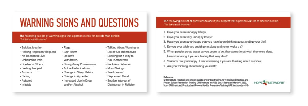 Hope Network Zero Suicide Initiative QPR AMSR MHFA Trainings